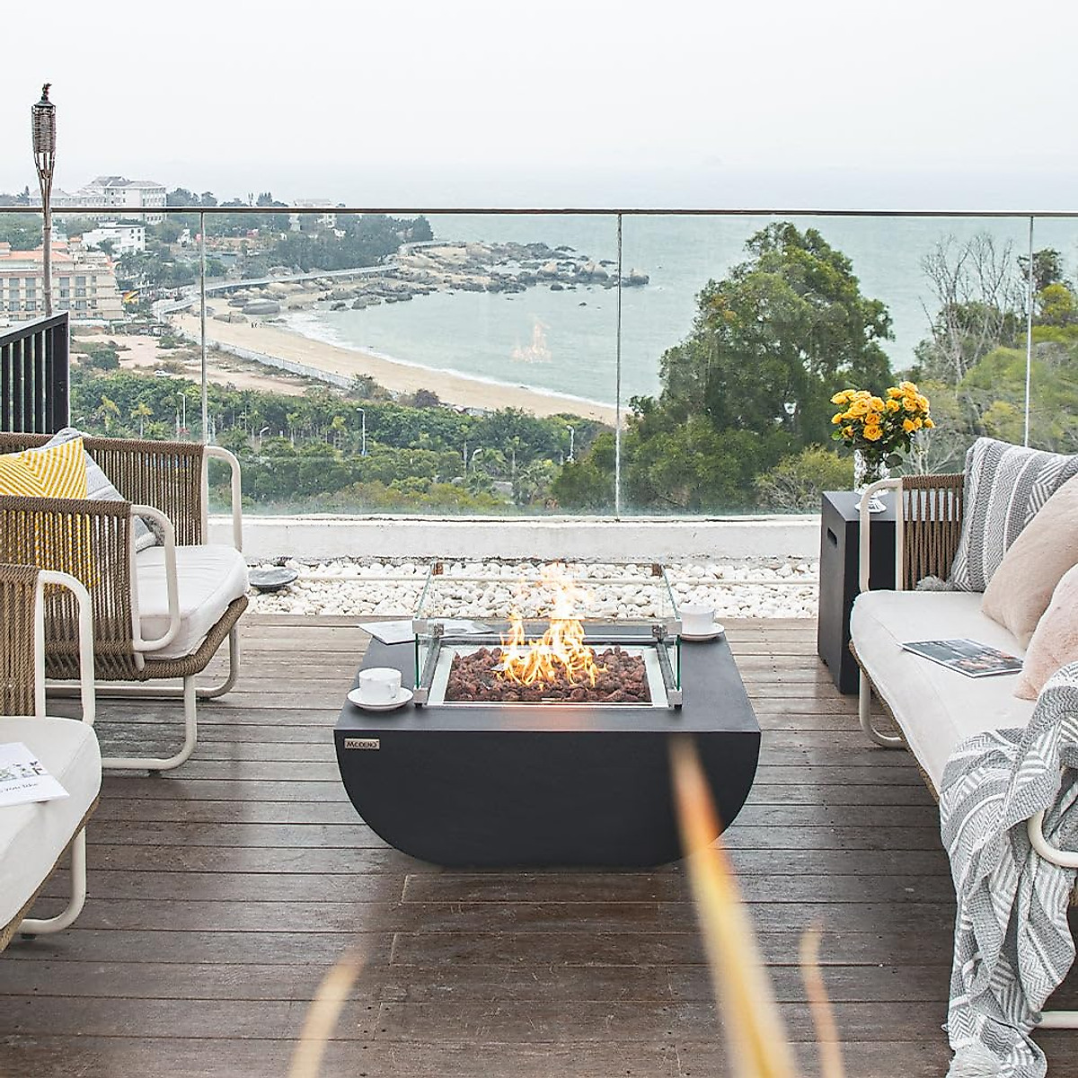 Aurora Concrete Fire Pit 34" x 34" Outdoor Patio Firepit Includes Lava Rocks Modern Fire Pits & Outdoor Fireplaces for Garden, Deck, Indoor & Outdoor Heating