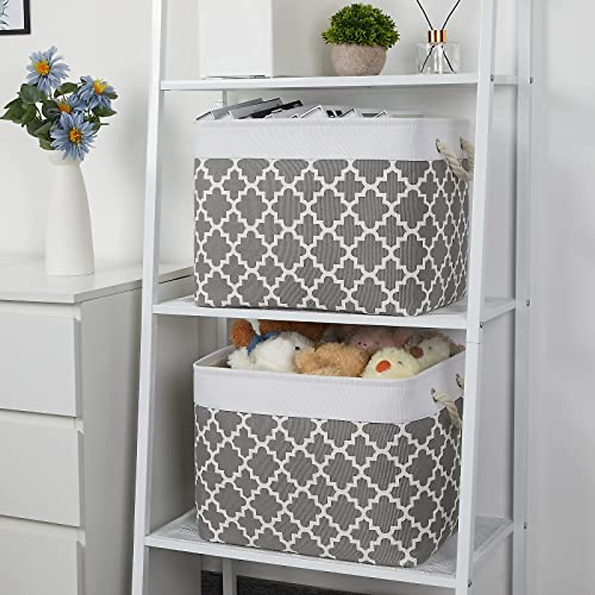Bidtakay Baskets Set Fabric Storage Bins-White&Quatrefoil Grey Bundled Baskets of 2 Large Baskets 16" X 11.8" X 11.8" + 6 Small Baskets 11.8" X 7.8" X 5"
