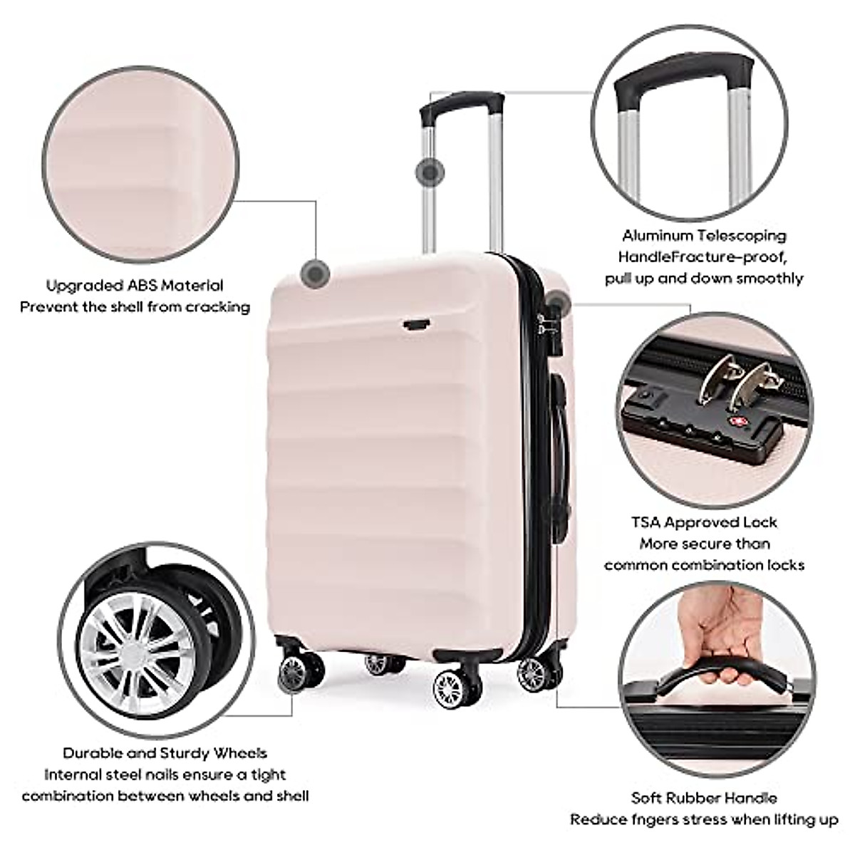 GinzaTravel 3-Piece Luggage Set with TSA Locks, Expandable, and Friction-Resistant in Light pink - Includes 20", 24" & 28" Spinner Suitcases