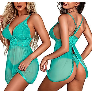 Thisrose Lingerie for Women for Sexy Naughty Baby Doll Set V Neck Nightgown Bridal lingerie Green-M