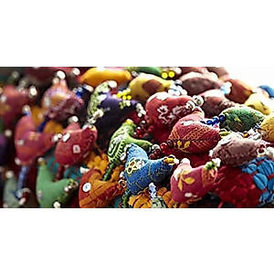 FIKIMOS Floral Cotton Stuffed Small Birds in Vibrant Design Stringed with Beads Brass Bell Door Hanging Assorted Set of 2 Pcs