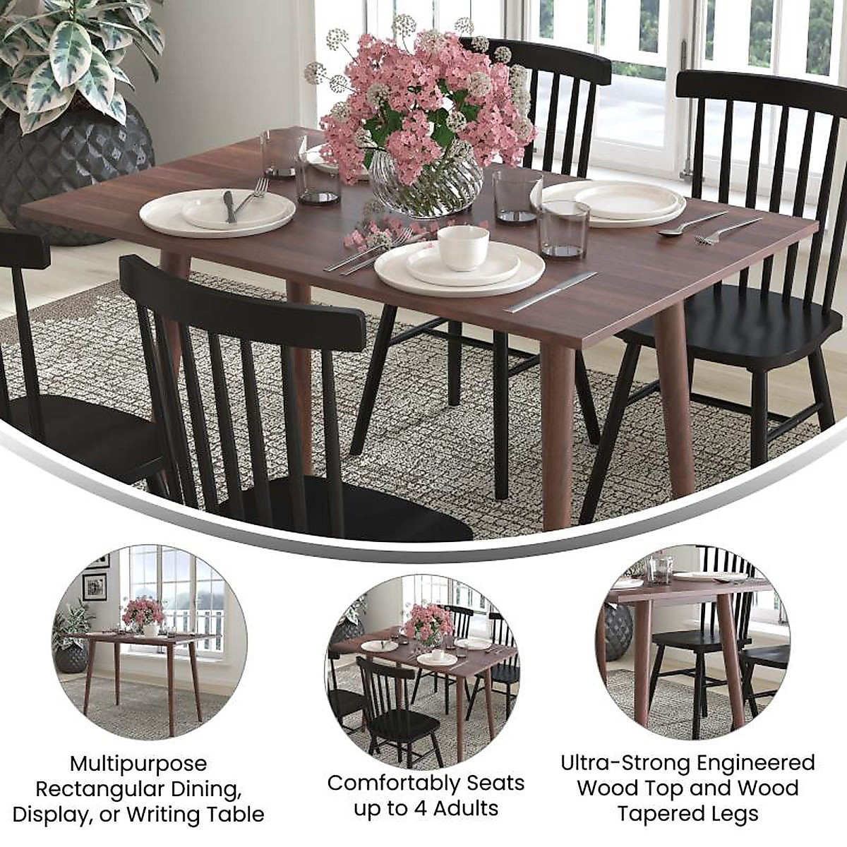 Flash Furniture Hatfield Mid-Century Modern Dining Table - Dark Walnut Engineered Wood Kitchen Table - 47 Inches - Tapered Wood Legs - Seats up to 4 Adults