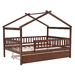 DHHU Daybed with Trundle, Full Size Wooden House Bed with Twin Size Trundle Bed, Wood Bed Frame with Roof and Safety Guardrail for Kids, Teens, Boys or Girls, No Box Spring Required