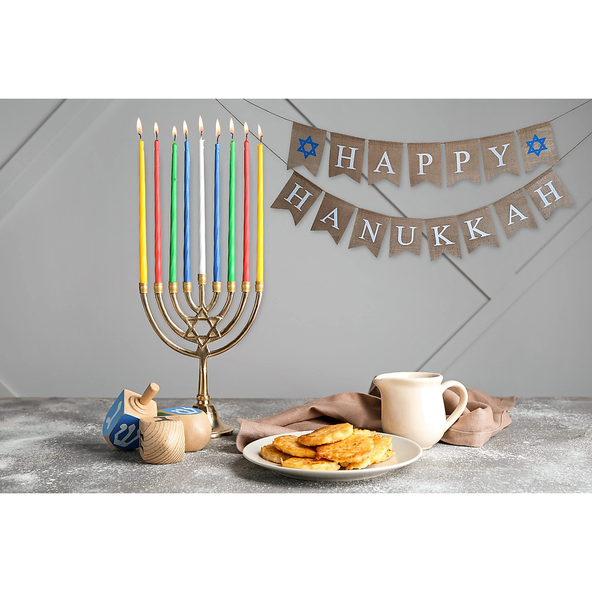 Happy Hanukkah Banner Chanukah Decorations - Judaica Burlap Party Garland Bunting - Ready to Hang Hanukkah Garland - Festive Decor Photo Prop Backdrop by Jolly Jon