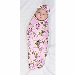 4 Pack Maternity Robe and Matching Baby Swaddle Blanket with Hat Headband Set, Stretchy Knitted Delivery Robe with Pockets and Swaddling Wrap for Mummy and Baby (Pink Flower)