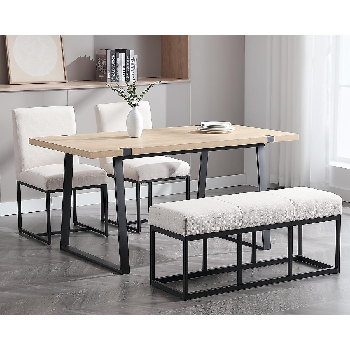 HNY Mid Century Modern Upholstered Kitchen Dining Bench Metal Entryway Bench Seat, 45 Inch Linen Tufted Bench Ottoman Indoor Window Bench for Bedroom End of Bed/Living Room/Mudroom/Narrow/, Cream