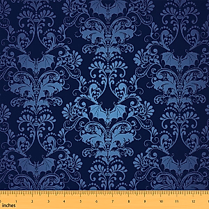 Antique Floral Bat 1 Yard Upholstery Fabric,Vintage Damask Fabric by The Yard,Victorian Style Decorative Fabric,Exotic Bohemian Decor Indoor Outdoor Fabric Craft Patchwork Soft Warm,Blue Black