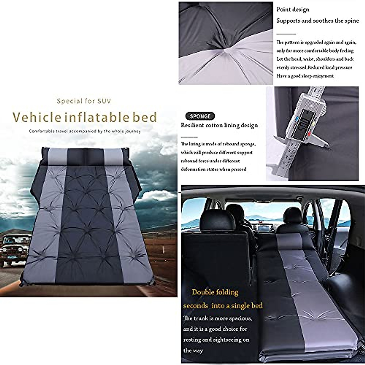 Lohang Thickened and Double-Sided SUV Air Mattress Outdoor Car Travel Air Bed Multi-Function Self Inflatable Sleeping Pad with Pump Portable Camping Mattress for Family, Suv Mattress02 Dark Grey