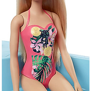 Barbie Doll and Pool Playset with Pink Slide, Beverage Accessories and Towel, Blonde Doll in Tropical Swimsuit