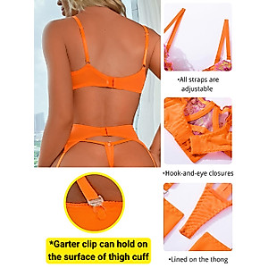 Kaei&Shi Glow in the Dark Lingerie for Women,Underwire Floral Embroidered Sexy Lingerie Set,Blacklight Matching 4 Piece Lingerie Petite Neon Orange X-Small