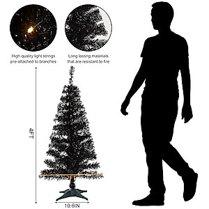 Juegoal Lighted Artificial Halloween Christmas Tree, Pre-lit 4 FT Black Tinsel Xmas Pine Trees, Light up with 70 LED Lights Battery Powered, 8 Modes & Timer for Home Office Party Decorations