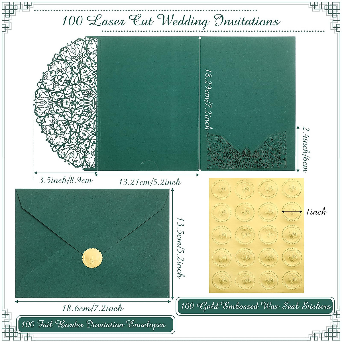PerKoop 100 Set 5 x 7 Laser Cut Wedding Invitations with Envelopes and Wax Seal Stickers Pocket Wedding Invitation Cards Blank Invitation Kit for Wedding Bridal Shower Engagement Invite (Dark Green)