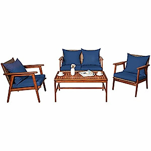 LUKEO Patio Rattan Furniture Set Acacia Wood Frame Cushioned Sofa Chair Navy Single Sofa Loveseat