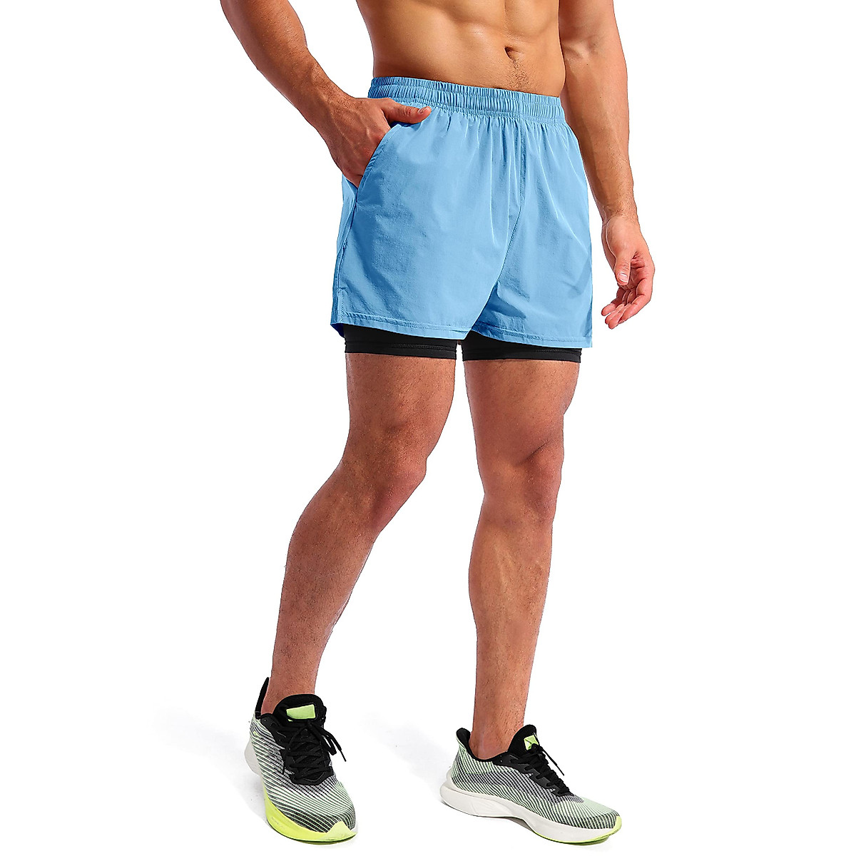 Pudolla Men’s 2 in 1 Running Shorts 5" Quick Dry Gym Athletic Workout Shorts for Men with Phone Pockets(Light Blue Medium)
