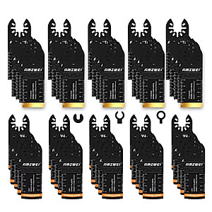 AMZWEI 50PCS Multi Tool Blade Kits, Professional Titanium Oscillating Tool Blades for Metal, Wood, Plastic, Curved Edge Oscillating Saw Blades Compatible with Dewalt Milwaukee Ryobi Rockwell Fein