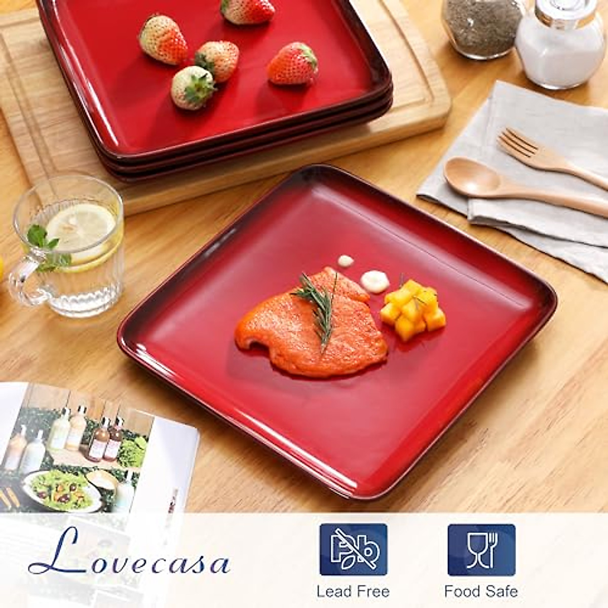 LOVECASA Red Dinner Plates Set of 4, Square Dessert Salad Plates Set, 10 Inch Stoneware Plates, Dishwasher, Oven and Microwave Safe