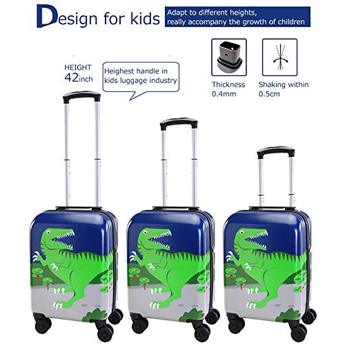 GURHODVO Kids Luggage for boys suitcase with spinner wheels Carry On hard shell Trolley case lightweight travel toys Dinosaur 18