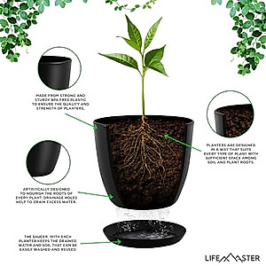 Lifemaster Plant Pots with Multi Drainage Holes - 5 Pieces Versatile, Sturdy Plastic, Stackable Design Home Decor Flower Pots for Indoor and Outdoor Gardening - Black