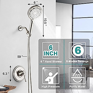 Single Handle Shower Faucet Set with Valve High Pressure 6 Inch with 6 Spray Modes Showerhead with Filters,Shower Head with Handheld, Shower Trim Kit Shower Fixtures,Brushed Nickel