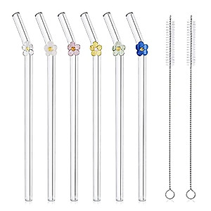 6 Pcs Reusable Glass Straws with 2 Cleaning Brushes, Cute Colorful Flower Glass Straws Shatter Resistant, Reusable Straws Dishwasher Safe for Smoothies, Milkshakes, Juices, Teas