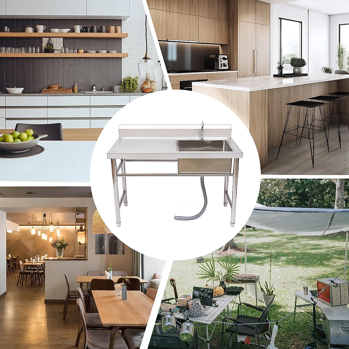 Commercial Restaurant Sinks, Stainless Steel Utility Sink, Large Single Bowl Sink, With Drainboard&Faucet Commercial Restaurant Kitchen Sink Set,Freestanding Utility Sink and Countertop for Restaurant