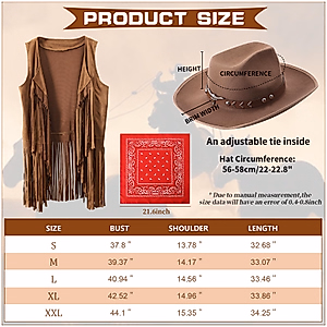 PARTTELY Western Cowgirl Outfits for Women, 70s Hippie Costume Cowgirl Tassels Fringe Vest, Cowboy Hat for Women, Bandana