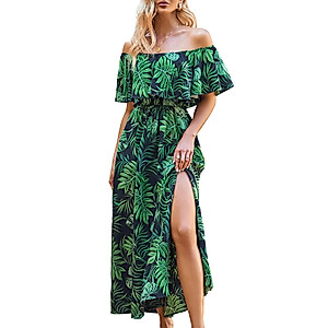CUPSHE Dress for Women Summer A Shape Dresses Off Shoulder Sleeve Maxi Length Ruffle Fitted Waisted Tropical Printed, M Green
