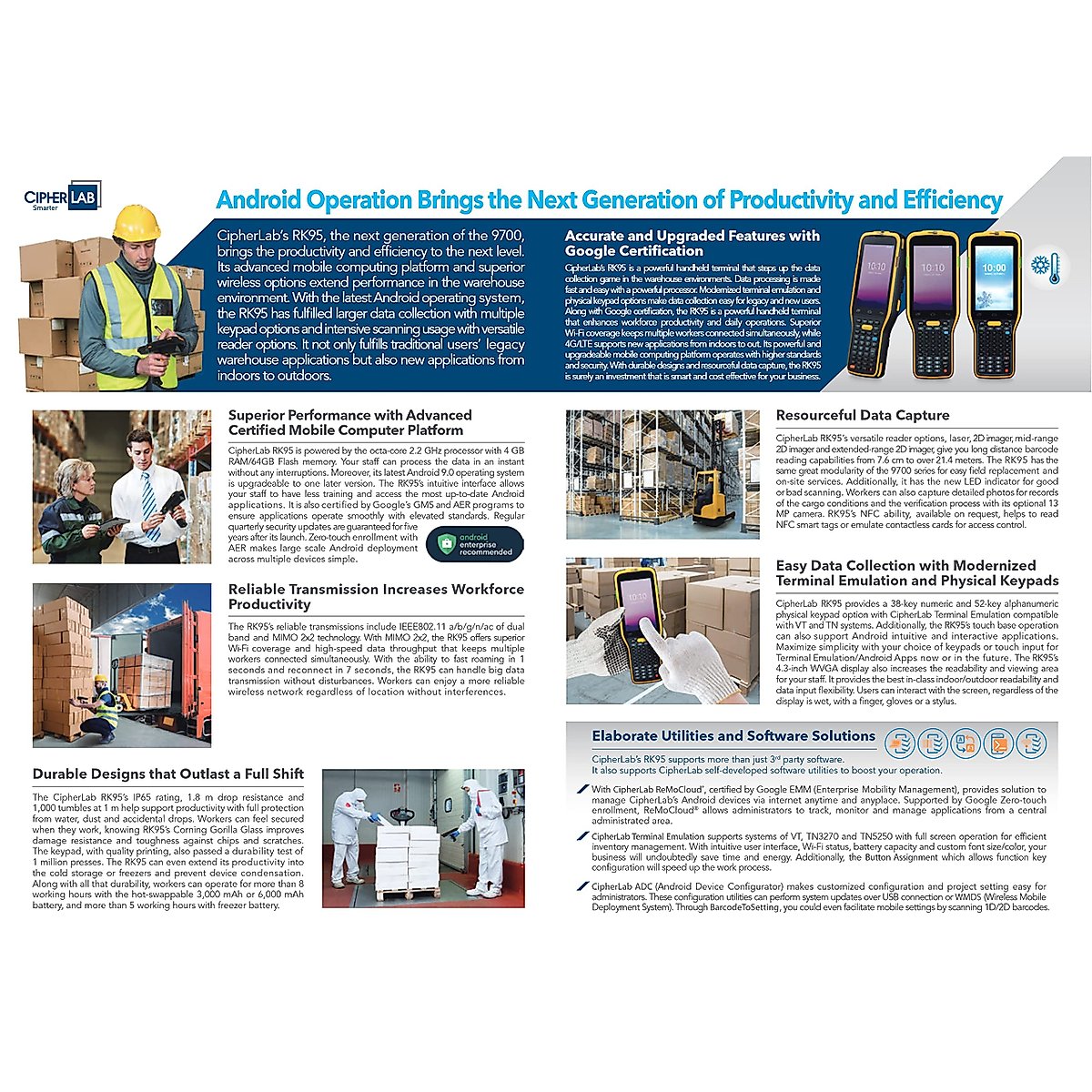 CipherLab RK95 2D Imager/Barcode Scanner/UPC Reader Android 9 Worldwide GMS & AER Certified 802.11 a/b/g/n/ac Bluetooth 5.0 Non-NFC 3,000 mAh Li-ion Battery