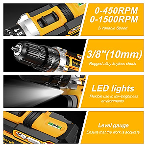 JayLene 21V Cordless Drill Set, Power Drill 59Pcs with 3/8 Inch Keyless Chuck, 25 3 Clutch Electric Drill with Work Light, Max torque 45Nm, 2-Variable Speed & 2 Batteries and Fast Charger