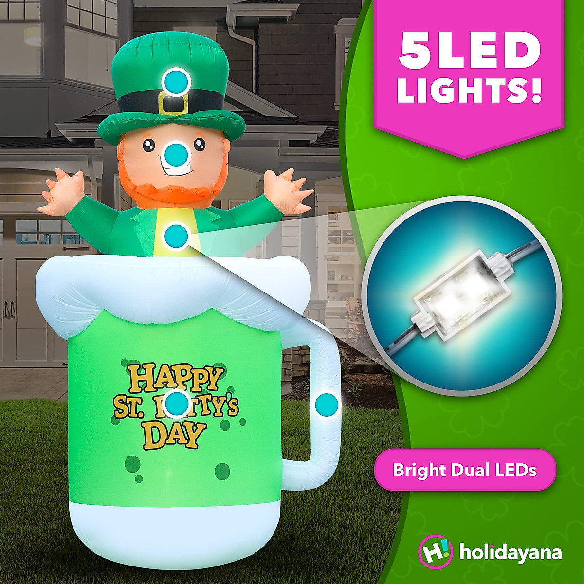 Holidayana 9ft St Patricks Day Inflatable Leprechaun Beer Mug - St Patty’s Leprechaun Coming Out of Beer Blow Up Yard Decoration, Includes Built-in Bulbs, Tie-Down Points, and Powerful Built-in Fan