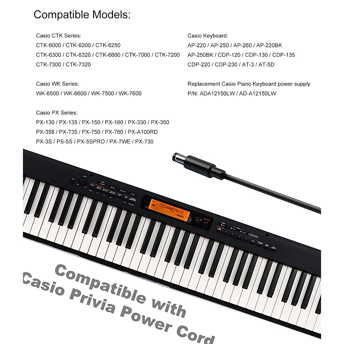 12V 2A Ac Dc Adapter for Casio Privia Power Cord, Compatible with Casio Digital Piano Keyboard AD-A12150LW, AD-A1215LW PX-130 PX-350 PX-160 PX-150 CDP-120 CTK-6000 CTK-6300 CTK-7200 Power Supply
