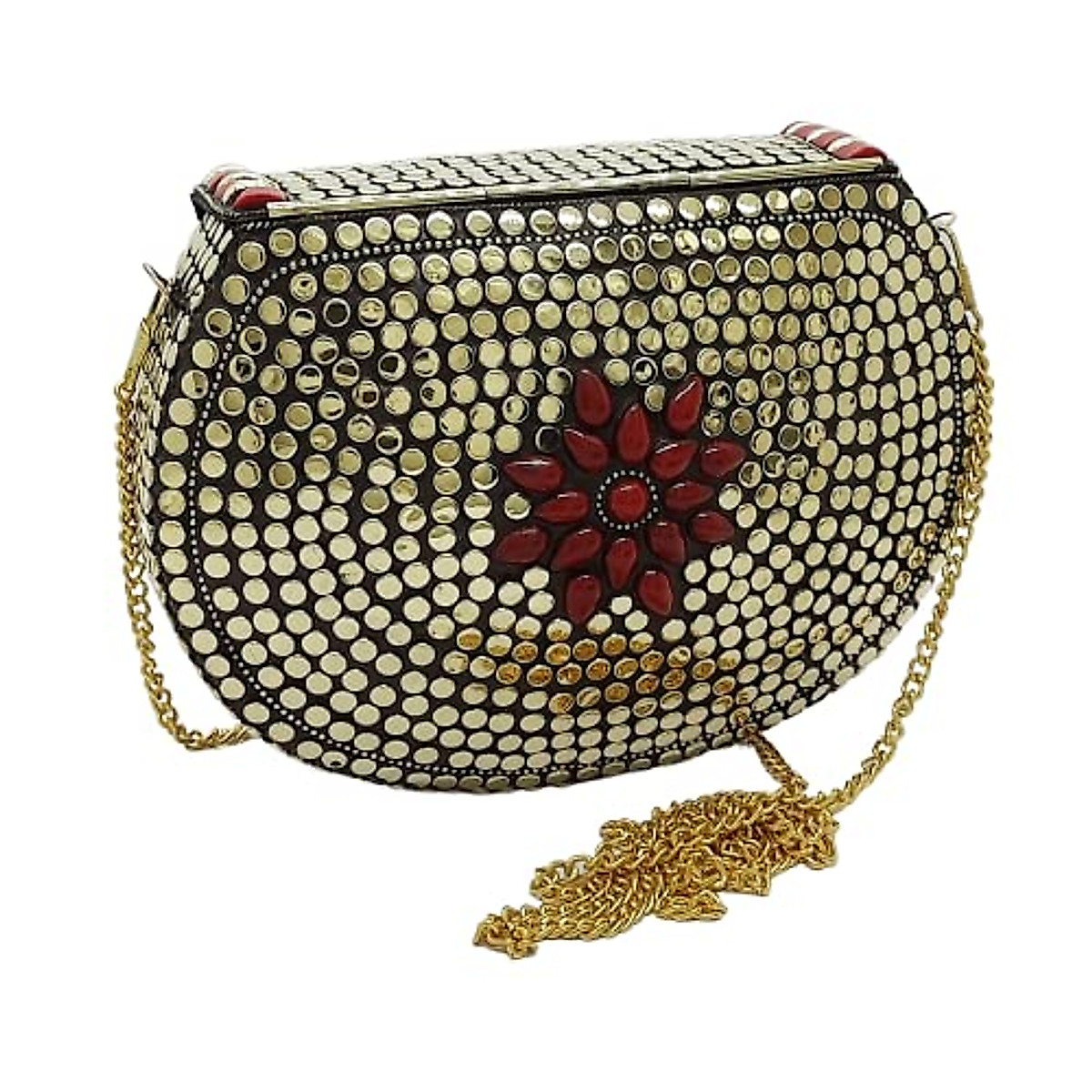Trend Overseas Multicolor Acrylic Stone Golden metal Bead Clutch Girls Bridal Bag for women/Girl party clutch, Acrylic Red
