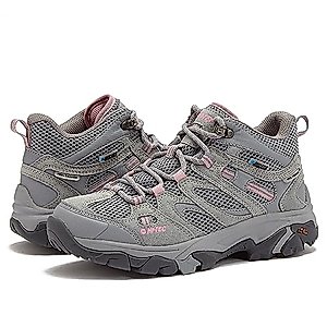 HI-TEC Apex Lite Mid WP Waterproof Hiking Boots for Women, Lightweight Outdoor and Trail Shoes - Medium Grey/Light Pink, 9.5 Medium