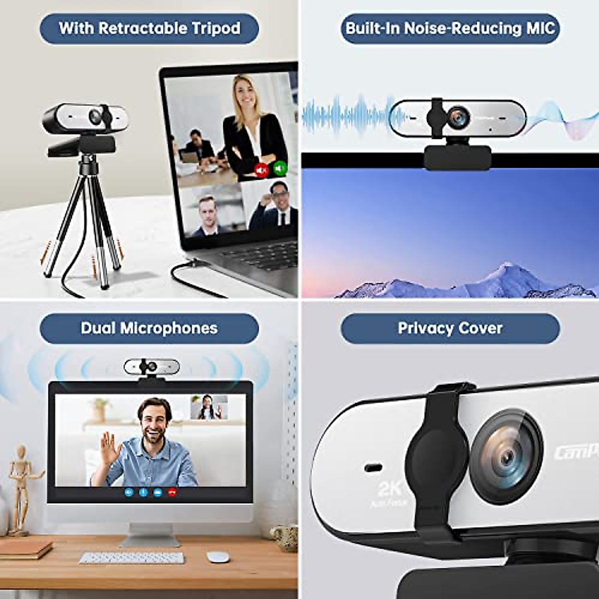 cambase with Microphone Camera for Computer,0.1 Second Auto-Focus,2K Full HD Webcams,Dual Microphone & Cover Web Camera,for YouTube/OBS/Facebook/Gaming/Zoom/Skype/FaceTime/Teams/Twitch/Etc