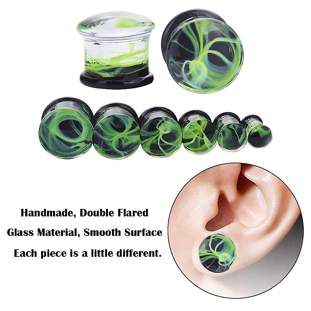 Qmcandy 2pcs 2g Glass Green Nest of Waves Saddle Ear Plugs Stretching Piercing Gauges