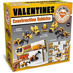 JOYIN 28 Pack Valentines Party Gift Cards with Mini Construction Vehicle Toy Set for Kids Valentine's Classroom Exchange Prizes Valentine Party Favor Toys Including Dump Truck, Excavator and More