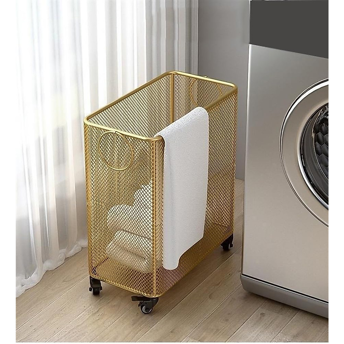 Square Rolling Hamper, Laundry Basket with Wheels and Handle, Metal Laundry Basket with 360° Wheels, Iron Construction and Ventilated Design, Laundry Room Storage Basket(Gold)
