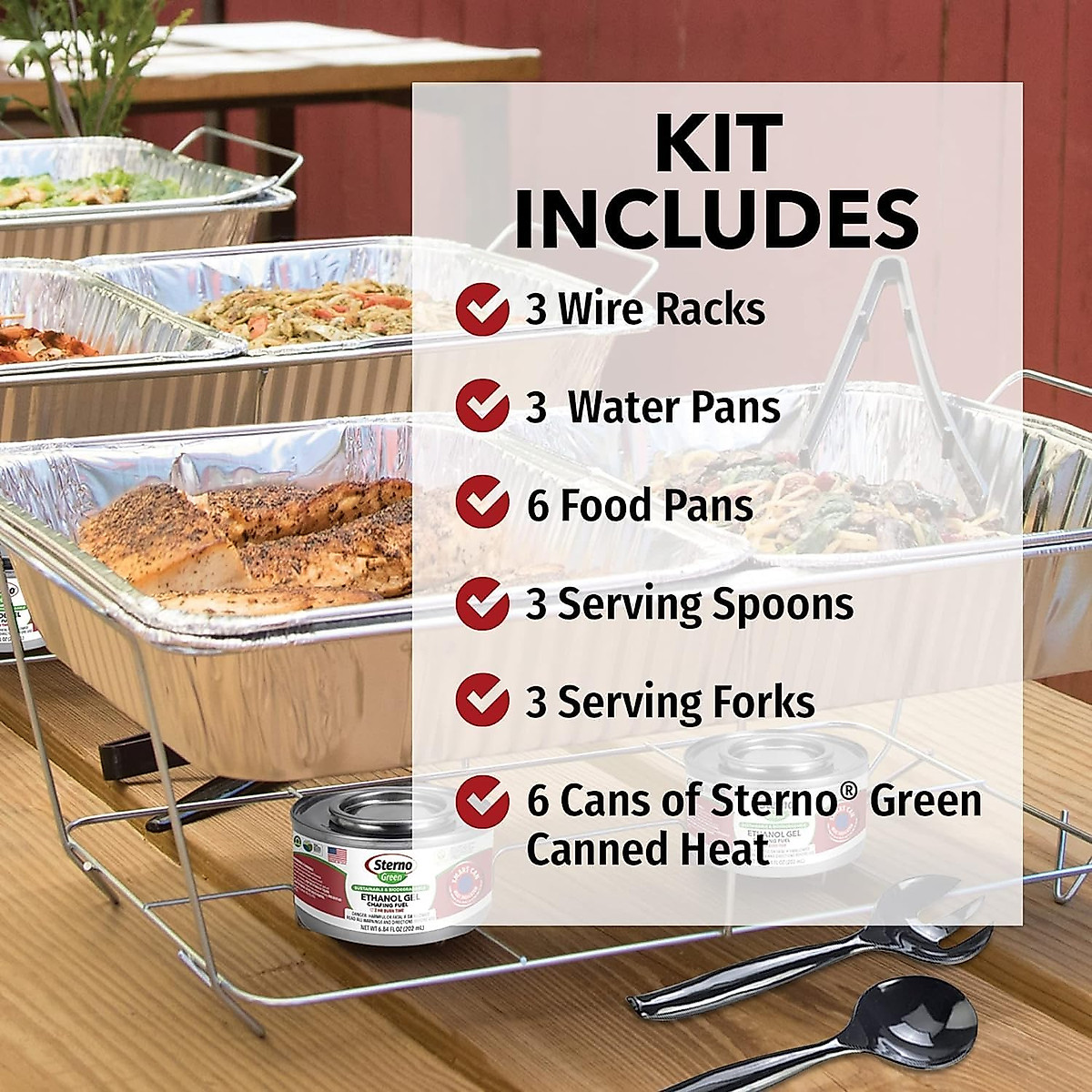 Sterno Disposable Chafing Dish Buffet, Set of 3 Full-Size Chafing Dishes for Buffet, 6 Sterno Fuel Cans (2.25hr), 6 Food Pans, 3 Water Trays, and Serving Utensils for Parties & Catering