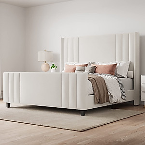 Albott King Size Platform Bed Frame, Upholstered Bed with Vertical Channel Tufted Wingback Headboard & Footboard, Premium Velvet, No Box Spring Needed, Cream