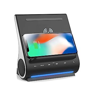 Fast 15 Watts Wireless Charger Sound Hub Bluetooth Speaker with Upgraded Mic Handsfree Calling Two USB Ports, Upright View Angle, Space Saving 4 in 1 Dock