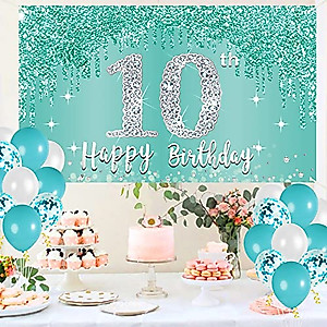 Teal Silver 10th Birthday Banner Decorations for Girls, Breakfast Blue Happy 10th Birthday Backdrop Party Supplies, Ten Year Old Birthday Poster Background Photo Booth Props Decor