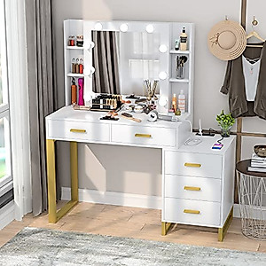 PAKASEPT Vanity Makeup Desk with Lights and Charging Station, Dressing Table Vanity Desk with Mirror and Lights,Storage Shelves, Drawers for Bedroom,White