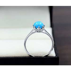 Natural Blue Sleeping Beauty Turquoise Cabochon Gemstone 7 MM Round 925 Sterling Silver December Birthstone Solitaire Unisex Proposal Ring For Engagement Gift (Rhodium Plated Silver, 7.5)