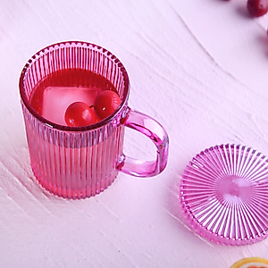 G Meridian Glass Coffee Mug with Lid 11.3 oz with Lid can be usded as Coaster for Latte Chocolate Americano Milk Oats Yoghurt Iridescent Dark Pink