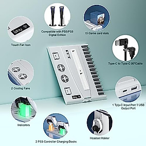Allnice PS5 Stand with Cooling Fan and Controller Charging Station for Playstation 5 Console Disc/Digital Edition, PS5 Accessories with 15 Game Rack Organizer, Adjustable Fans Speed, Headset Holder