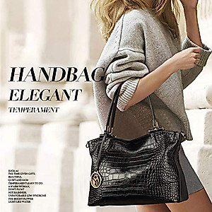 Black Leather Satchel Handbags for Women, Genuine Leather Crocodile Pattern Ladies Alligator Top-handle Bags with Adjustable Shoulder Straps Women's Tote Purses and Handbags Womens Casual Carryalls