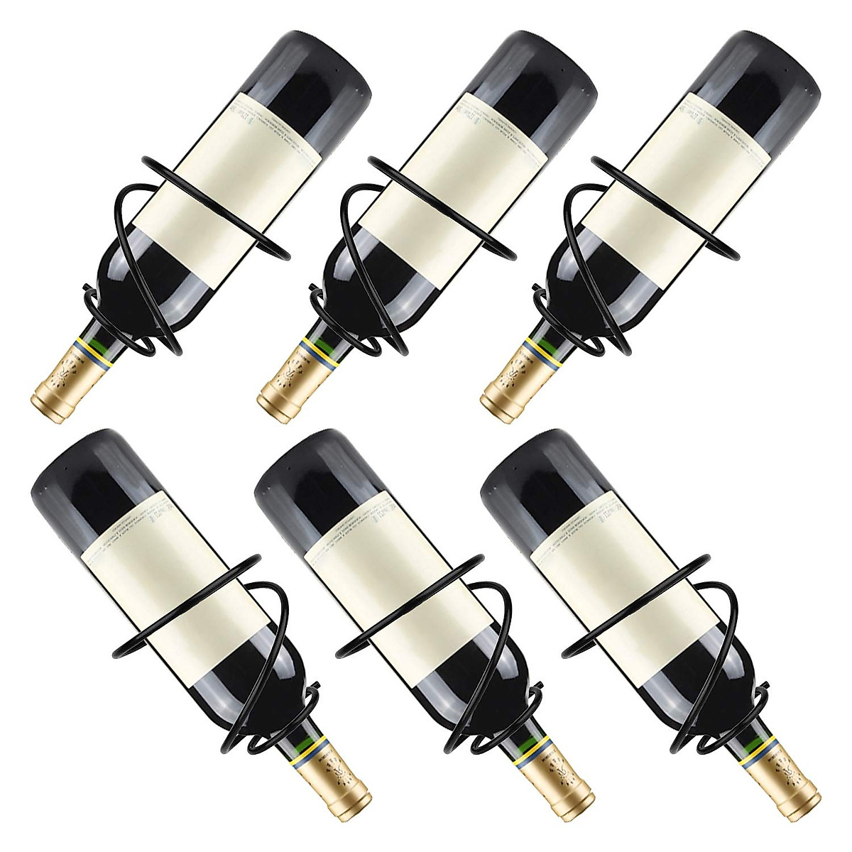 Yimerlen 6 Pcs Spiral Wine Wall Holder, Wall Mounted Wine Rack, Metal Wine Bottle Display Holder for Wine Storage Wall Wine Theme Decor, Black (Downward Style)