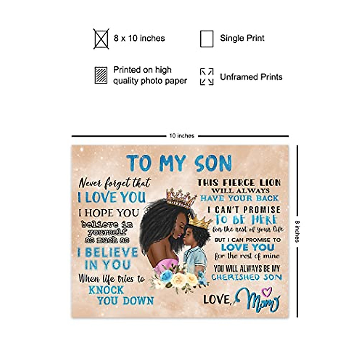 African Americans Mother Wall Art & Decor - Black women Wall Art - Nursery Decor - Little Boy Bedroom Decor - Baby shower Gift - Mother Son Life Empowerment Inspirational Quotes Poster UNFRAMED 8x10