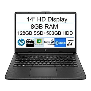 HP 14 Inch Premium Laptop, AMD Athlon Silver 3050U up to 3.2 GHz(Beat i5-7200U), 8GB DDR4 RAM, 128GB SSD+500GB HDD, Bluetooth, Webcam,WiFi,Type-C, HDMI, Windows 10 S, Black + Laser HDMI