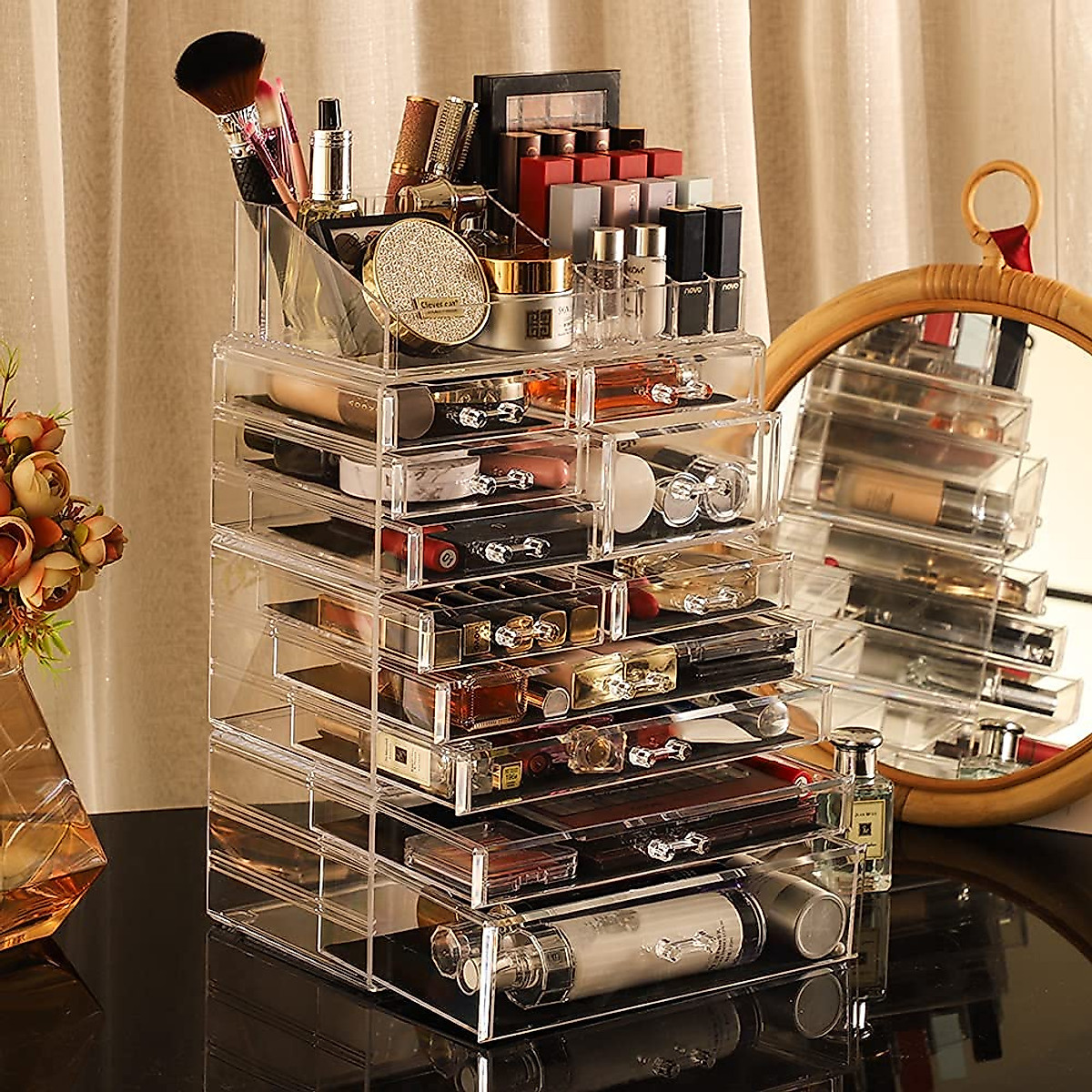 Cq acrylic 4 Pack Clear Skincare Organizer for Vanity,Stackable 11 Drawers Make Up Organizer,Cute Cosmetic Organizer for Vanity Jewelry,Hair Clip,Beauty,Skincare Product Dresser Acrylic Desk Organizer